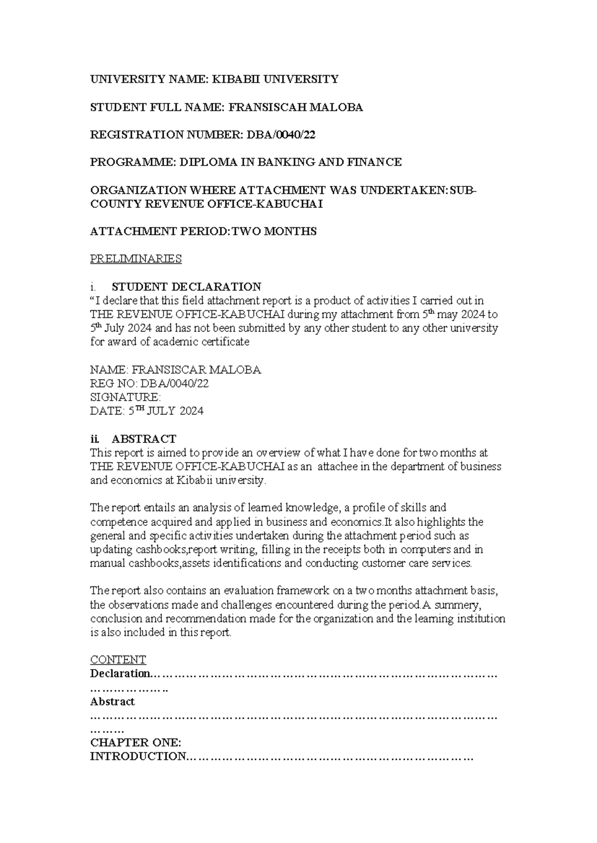 Diploma in Banking & Finance: Field Attachment Report at Kabuchai ...