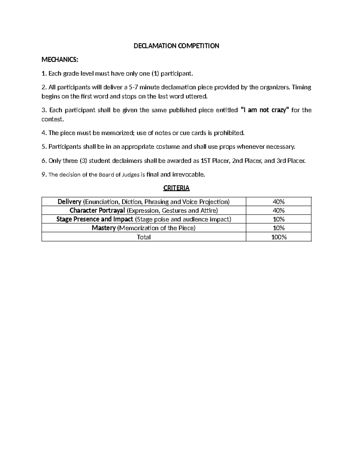 Declamation Competition Guidelines and Criteria - Studocu