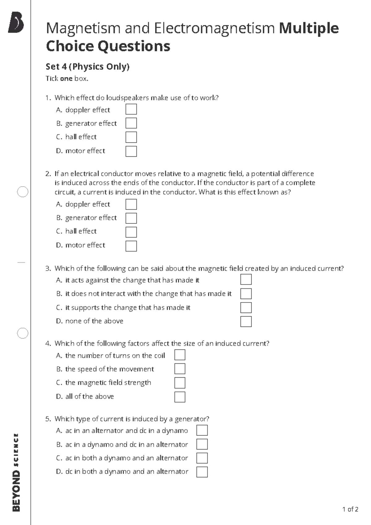 Magnetism and Electromagnetism MCQs Set 4 (Physics) - Studocu