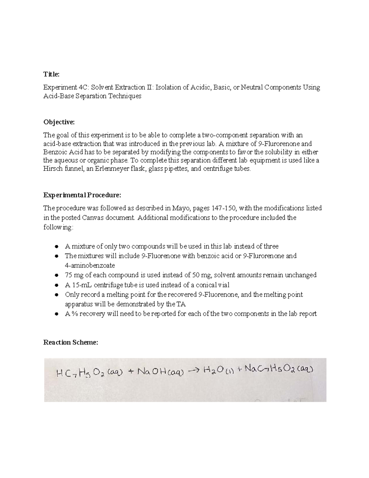 Experiment 4C: Solvent Extraction II Lab Report on Benzoic Acid - Studocu