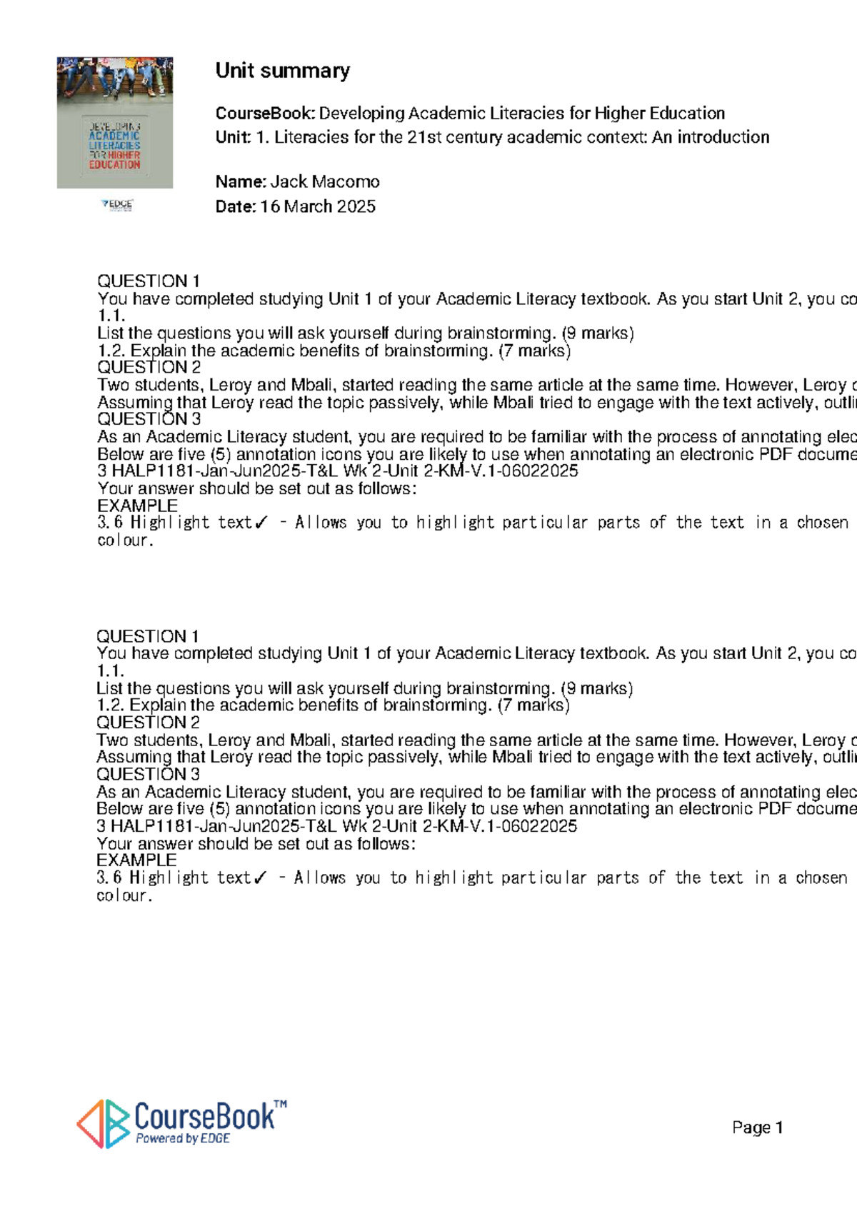 Unit Summary: Developing Academic Literacies for Higher Ed (Unit 1 ...