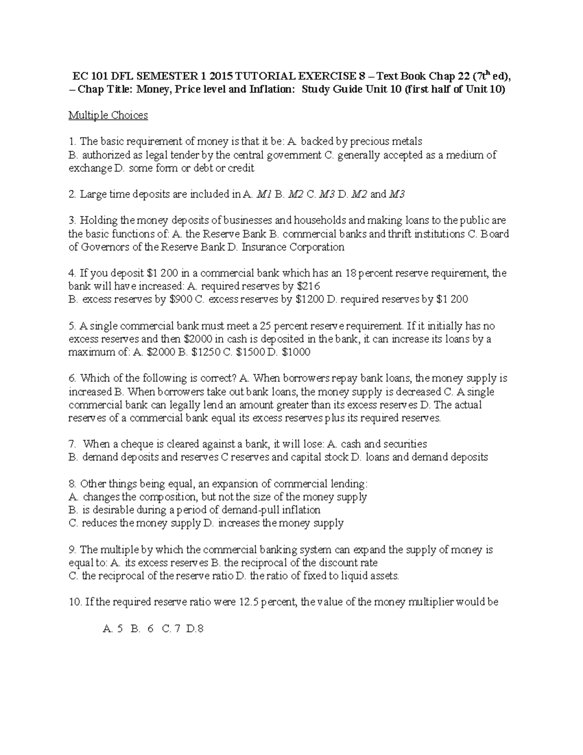 EC101 Tutorial Solutions for Money, Price Level & Inflation (Ch 22 ...