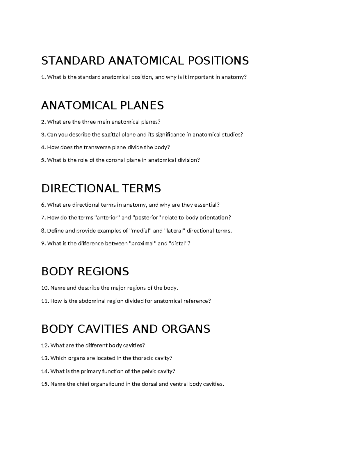 ANAT 101 Standard Anatomy Position & Directional Terms Q&A - Studocu