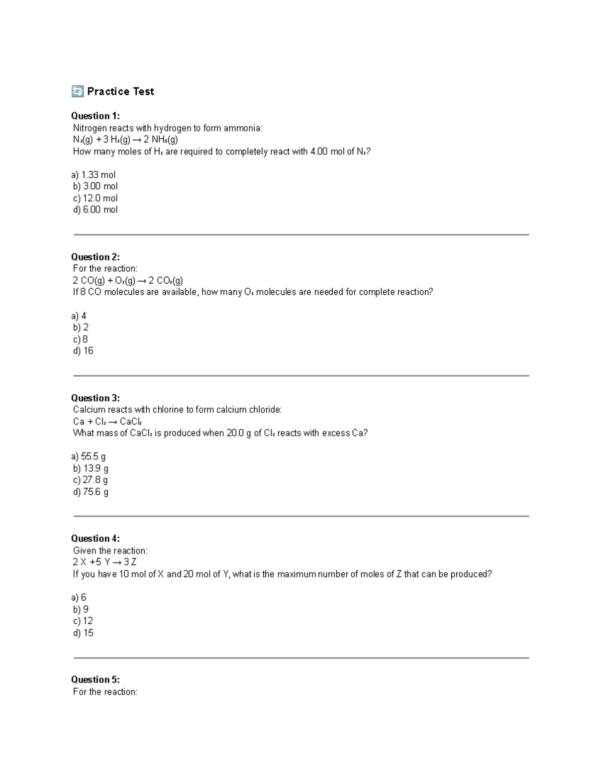 Gen Chem Practice Test: Reaction Stoichiometry Questions - Studocu