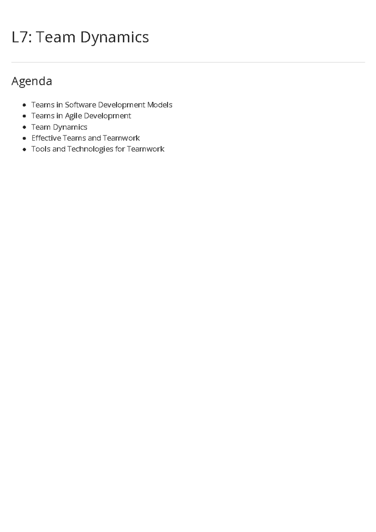 L7: Team Dynamics in Agile Development - Lecture Notes - Studocu