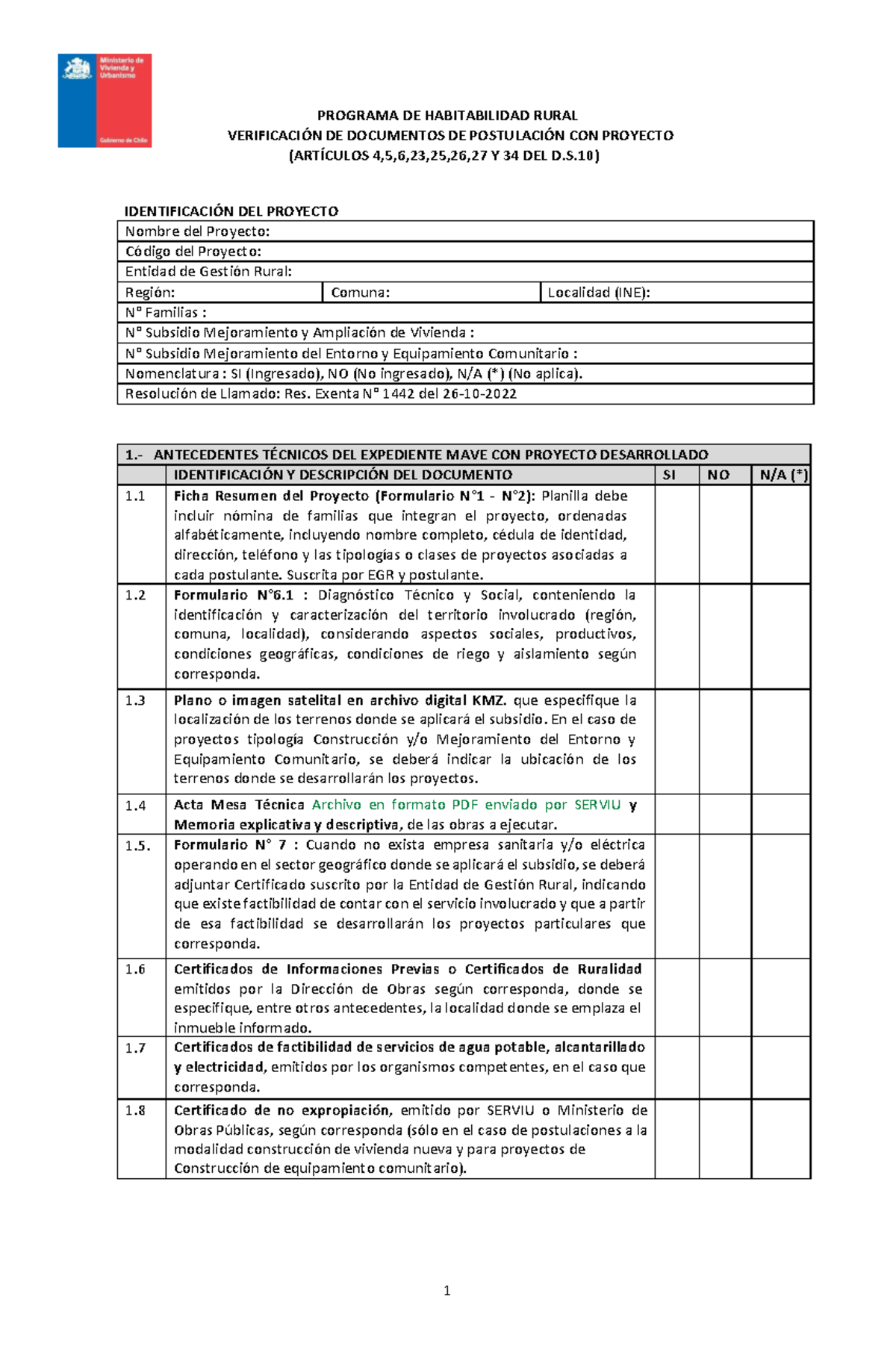 Checklist PHR Técnico MAVE con Proyecto 2022: Verificación de ...