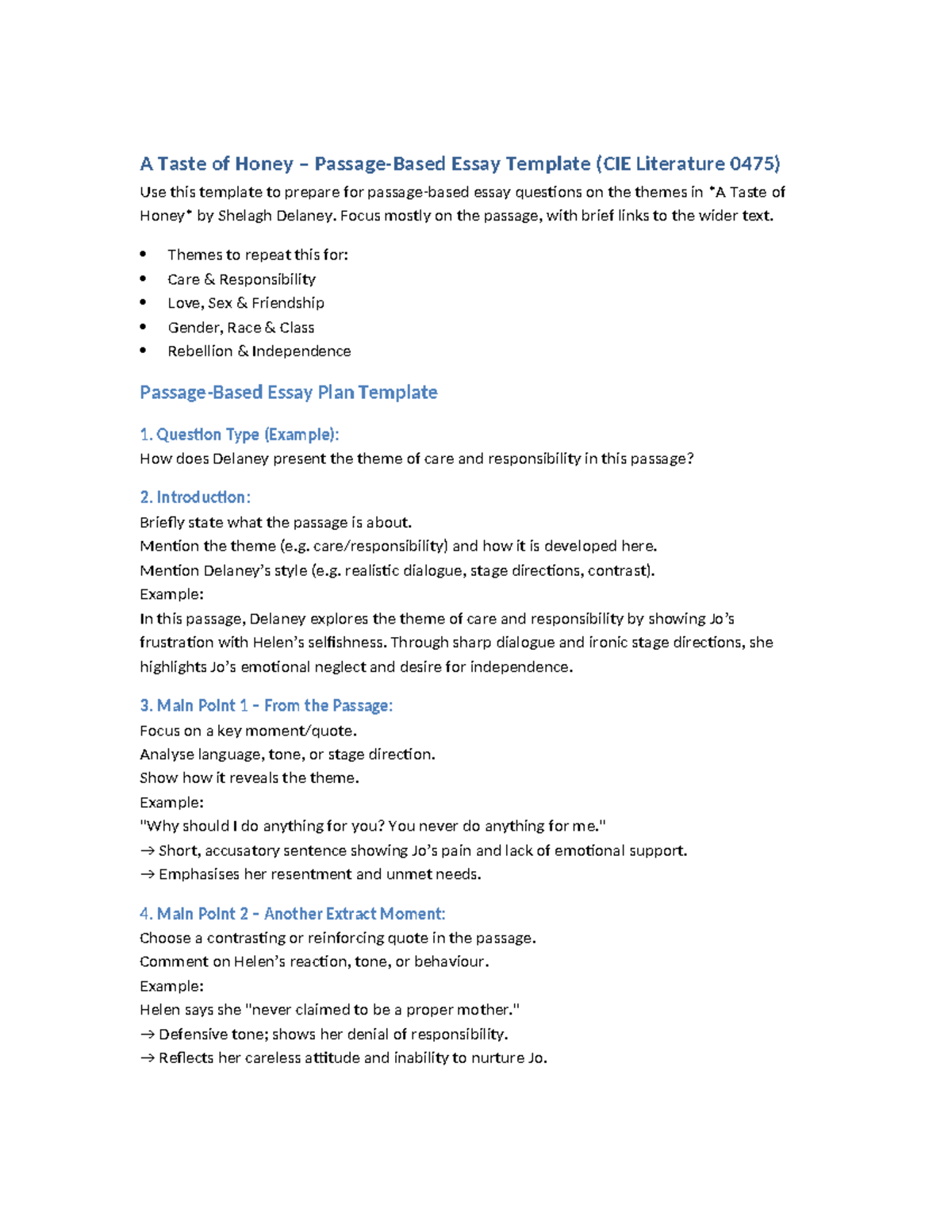 A Taste of Honey Essay Plan Template (CIE Literature 0475) - Studocu