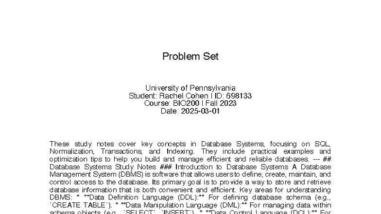 BIO200 Fall 2023: Database Systems Study Notes and SQL Concepts - Studocu