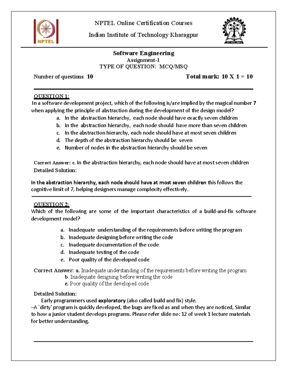NPTEL Software Engineering Assignment 1 - IIT Kharagpur 2025 - Studocu