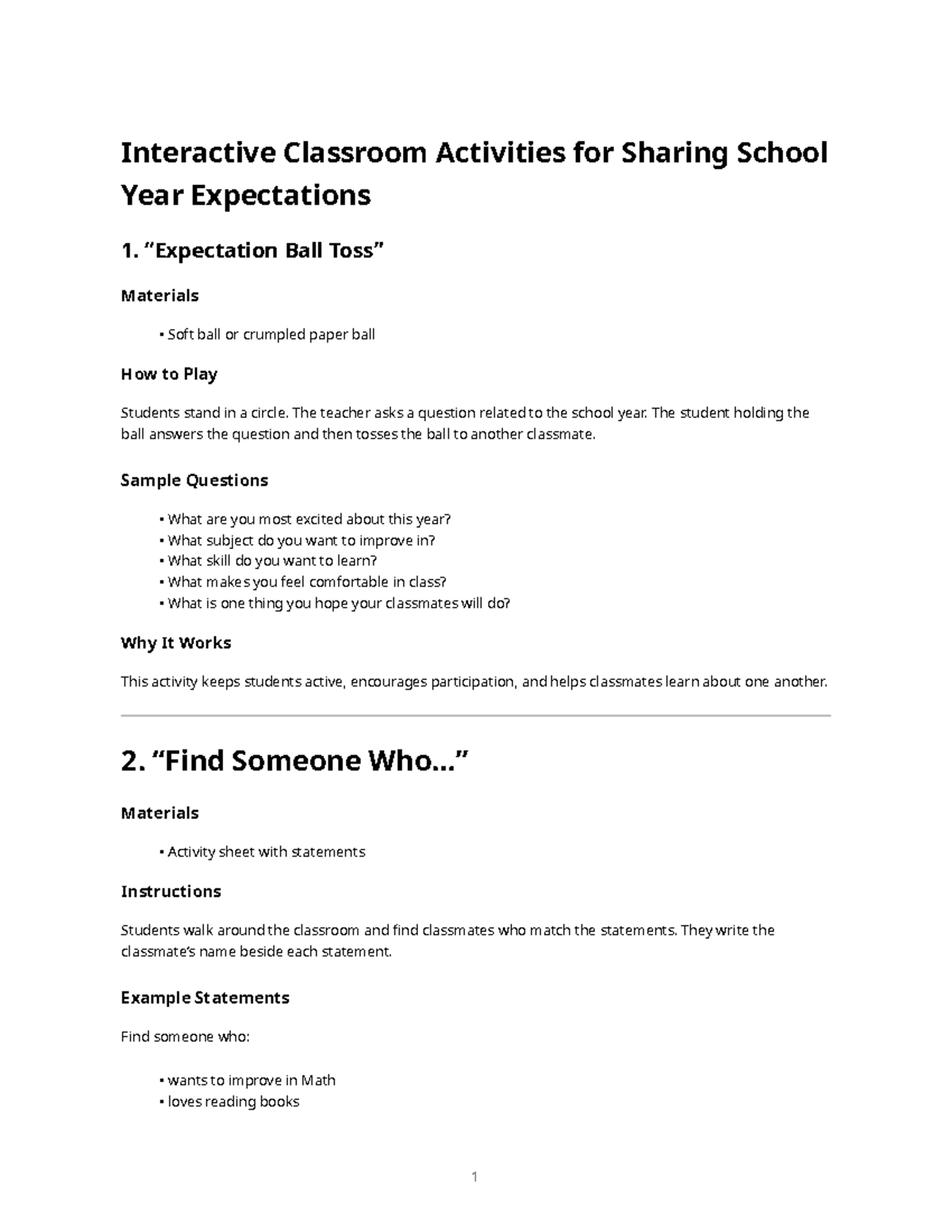 Interactive Classroom Activities for Sharing Expectations - Studocu