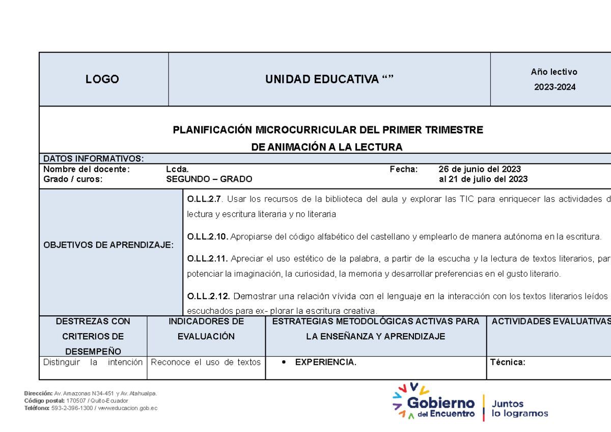 Planificación Microcurricular 2DO - 1er Trimestre: Animación a la Lectura - Studocu