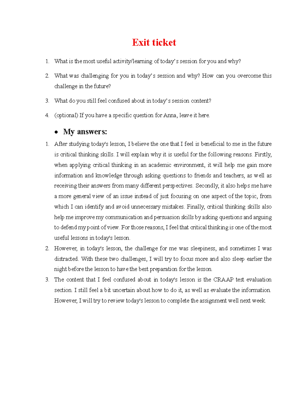 BAS-T225WSB-3 Exit Ticket: Reflections on Lesson Challenges and ...