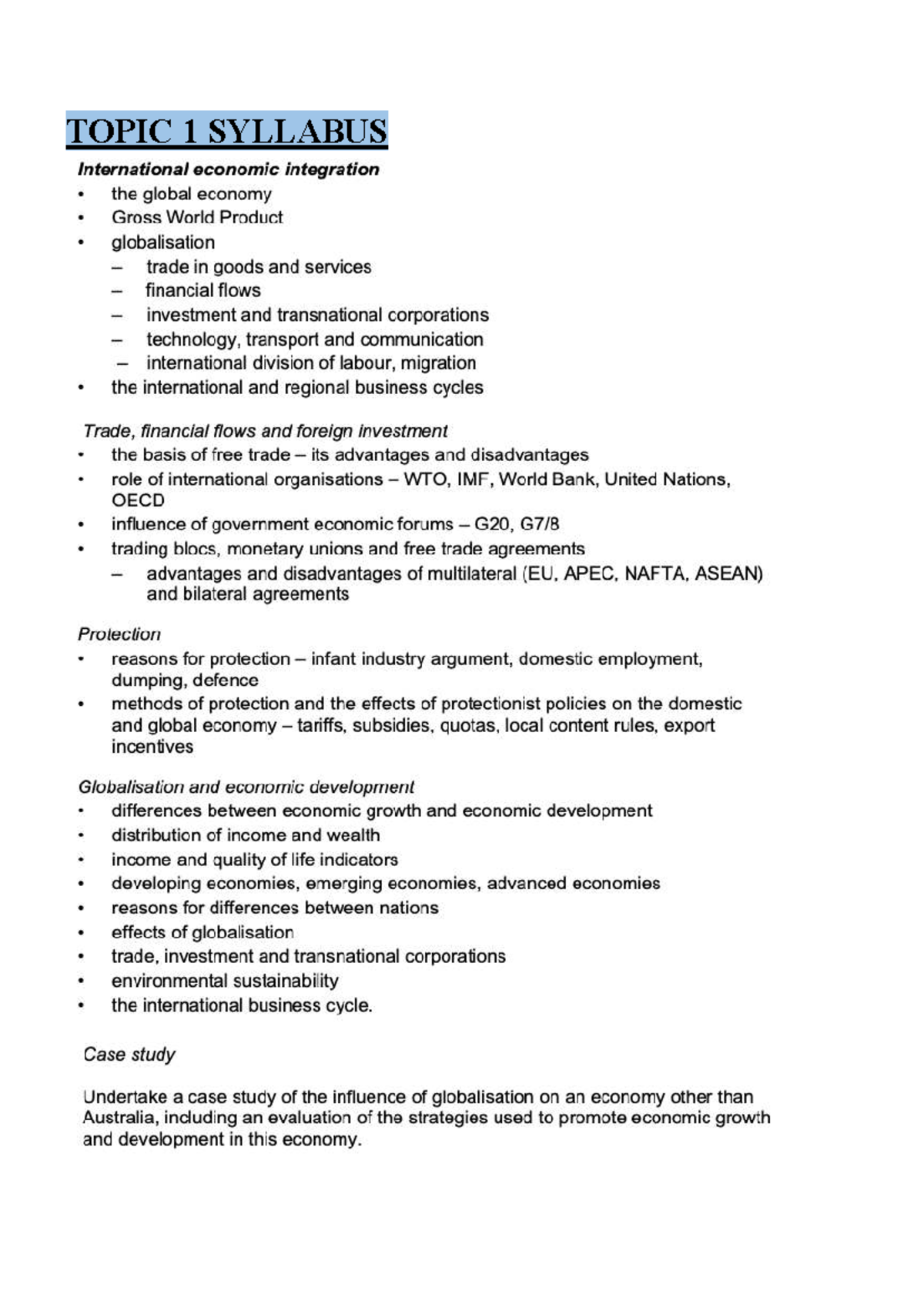 HSC ECO TOPIC 2: International Economic Integration and Globalisation ...