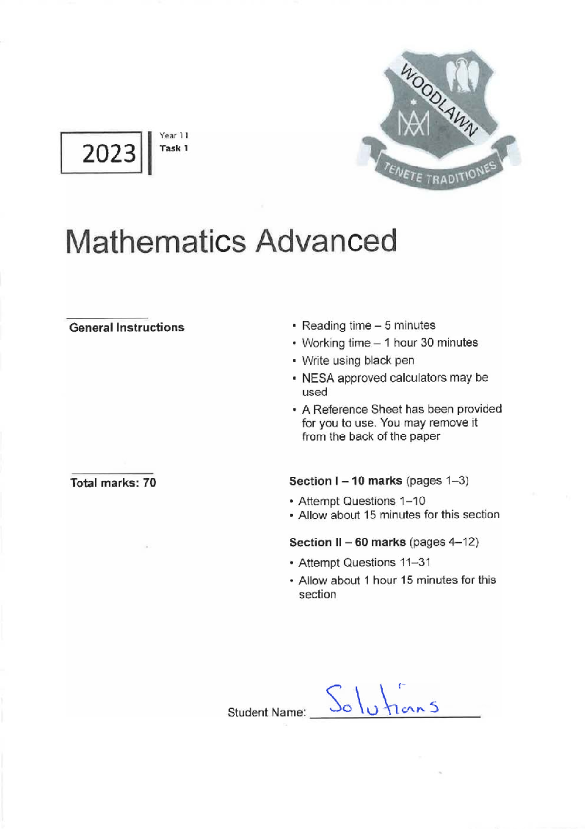 Solutions Year 11 Advanced Mathematics Task 1 2023 - Studocu