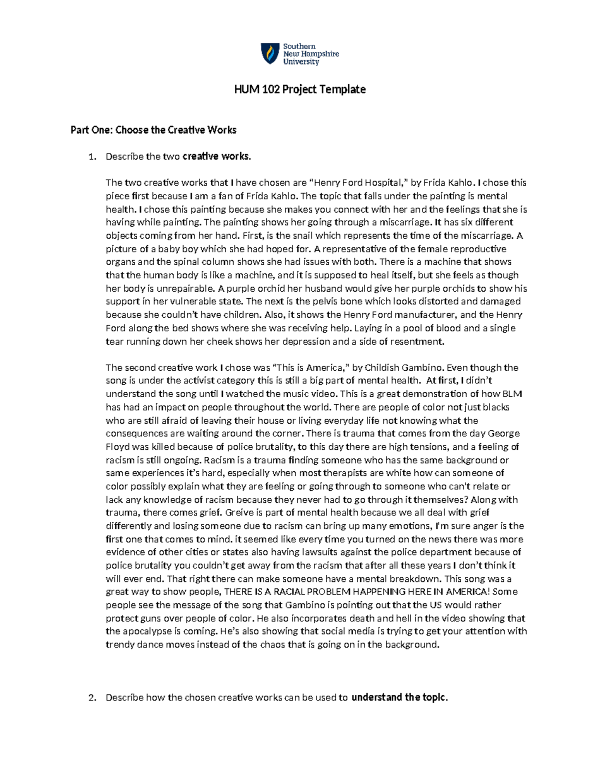 HUM 102 Project Template - HUM 102 Project Template Part One: Choose ...