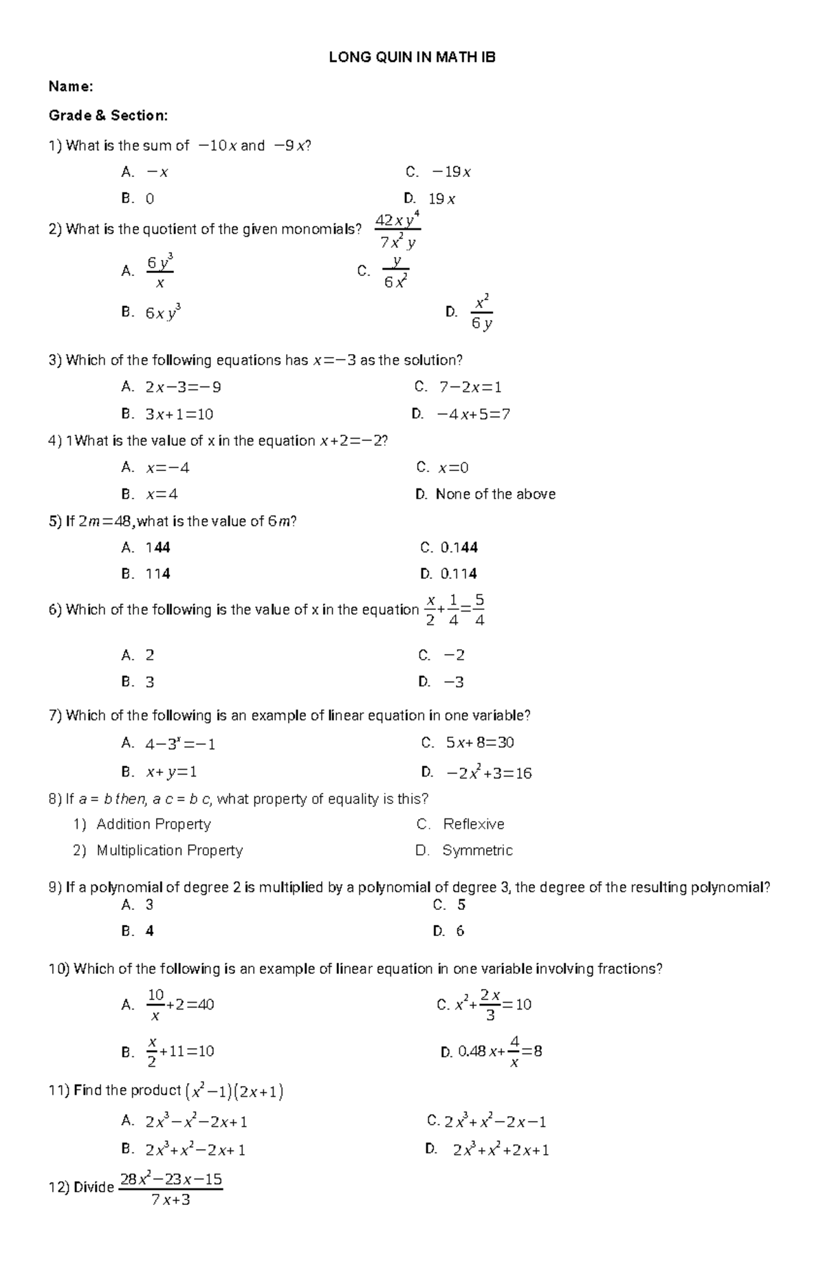 Math IB Long Quiz: Key Concepts and Problem Solving - Studocu