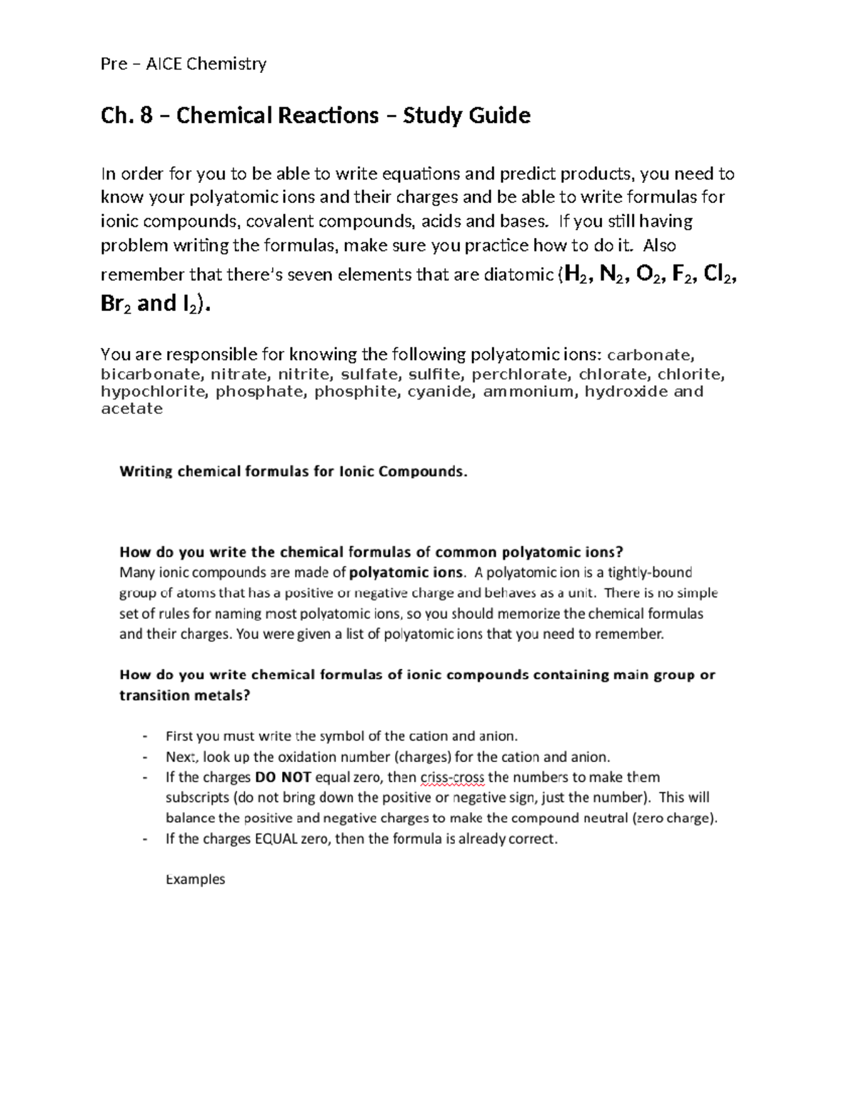 Ch 8 - Chemical Reactions review 1 - Ch. 8 – Chemical Reactions – Study ...