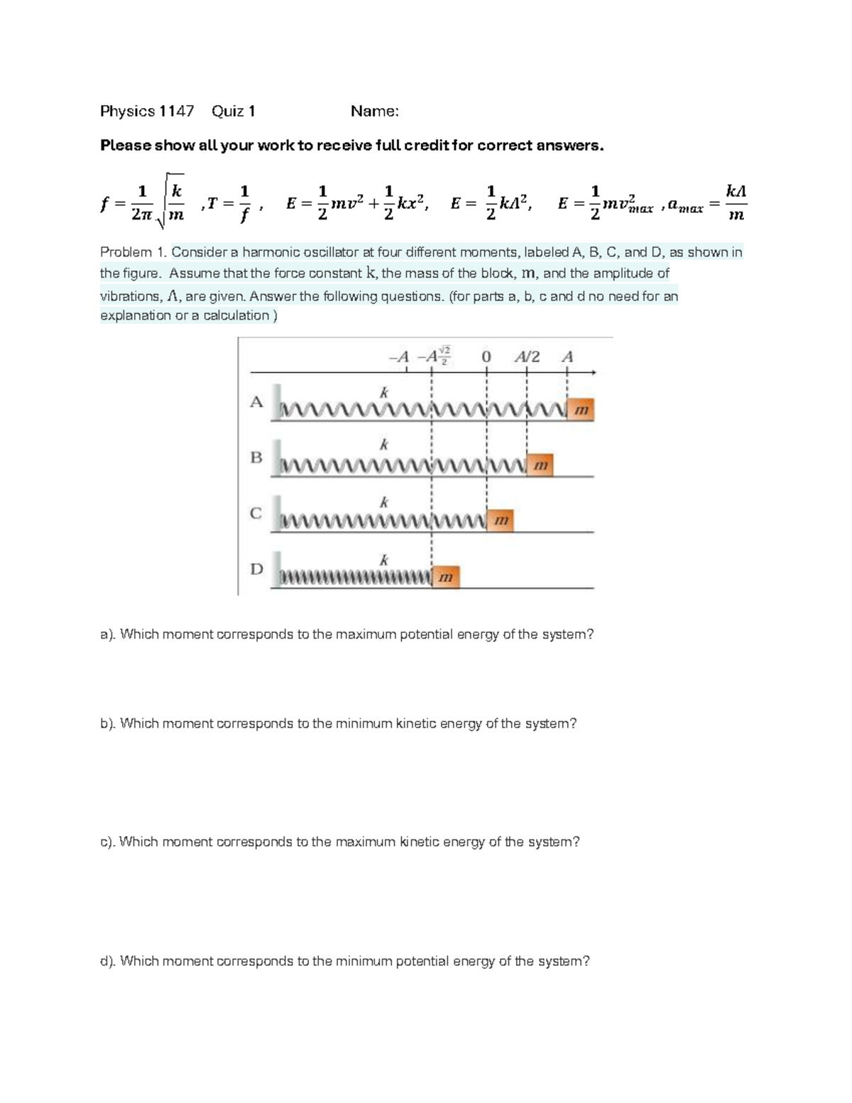 Physics 1147 Quiz 1: Harmonic Oscillator Practice Questions - Studocu