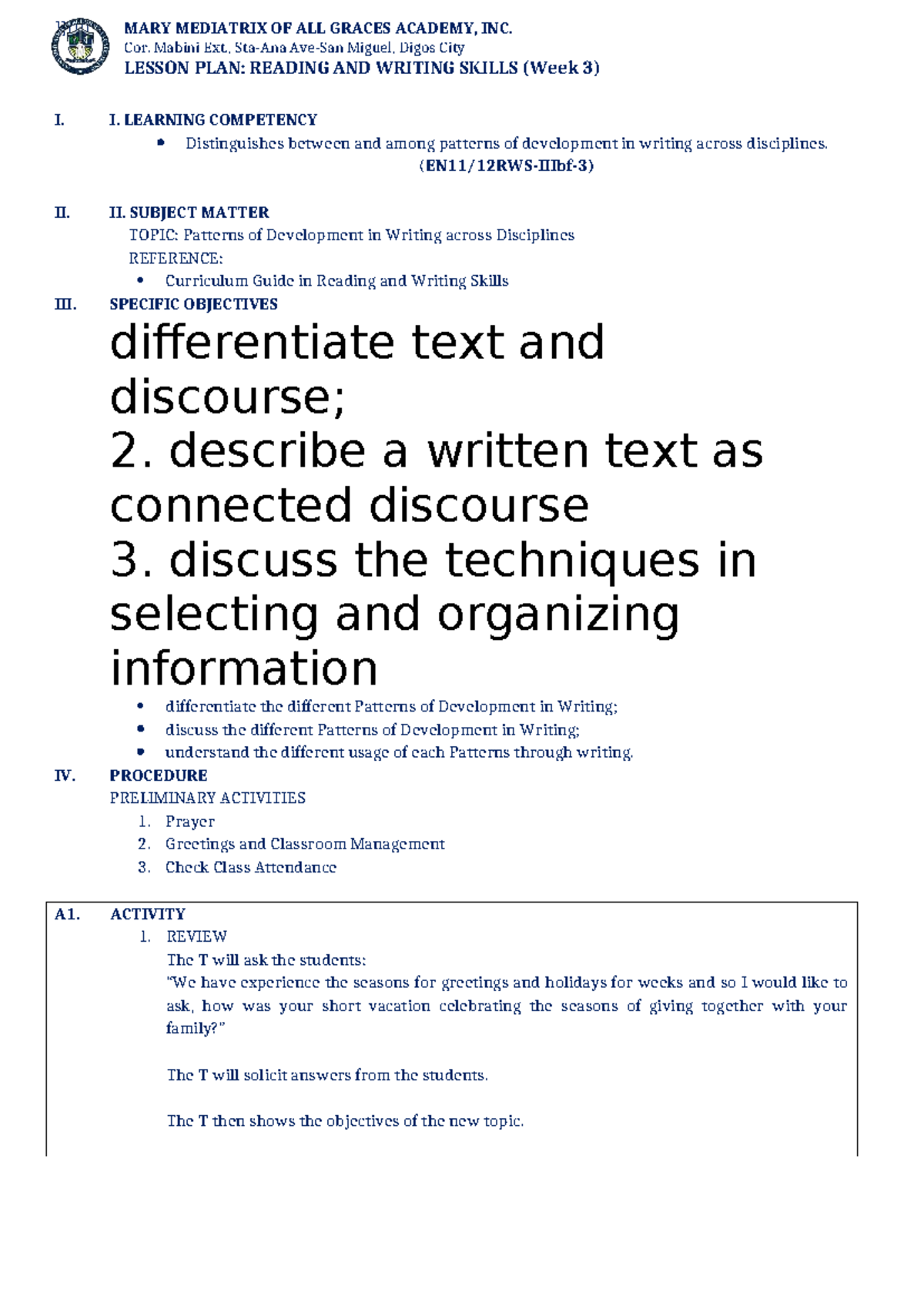 READING AND WRITING SKILLS WEEK 3 LESSON PLAN (MMA) - Studocu