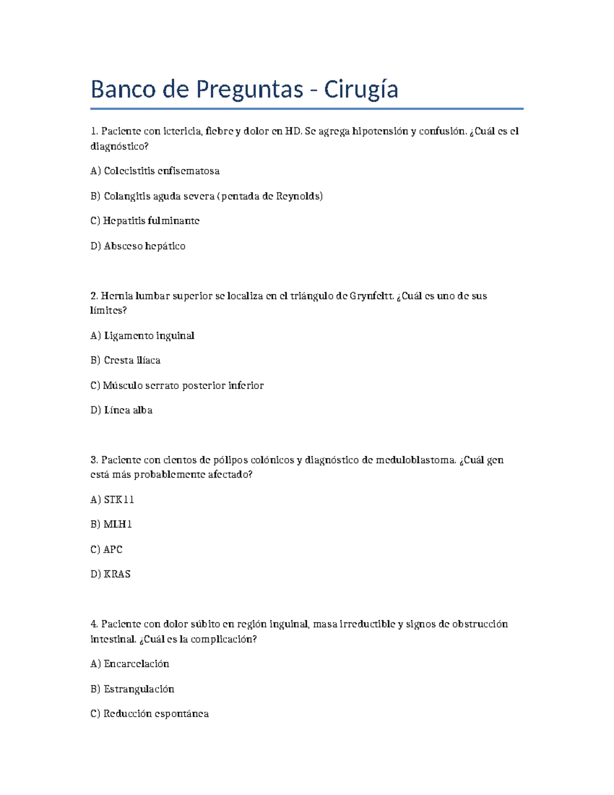Banco de Preguntas Cirugía 1: Diagnósticos y Manejos Clínicos - Studocu