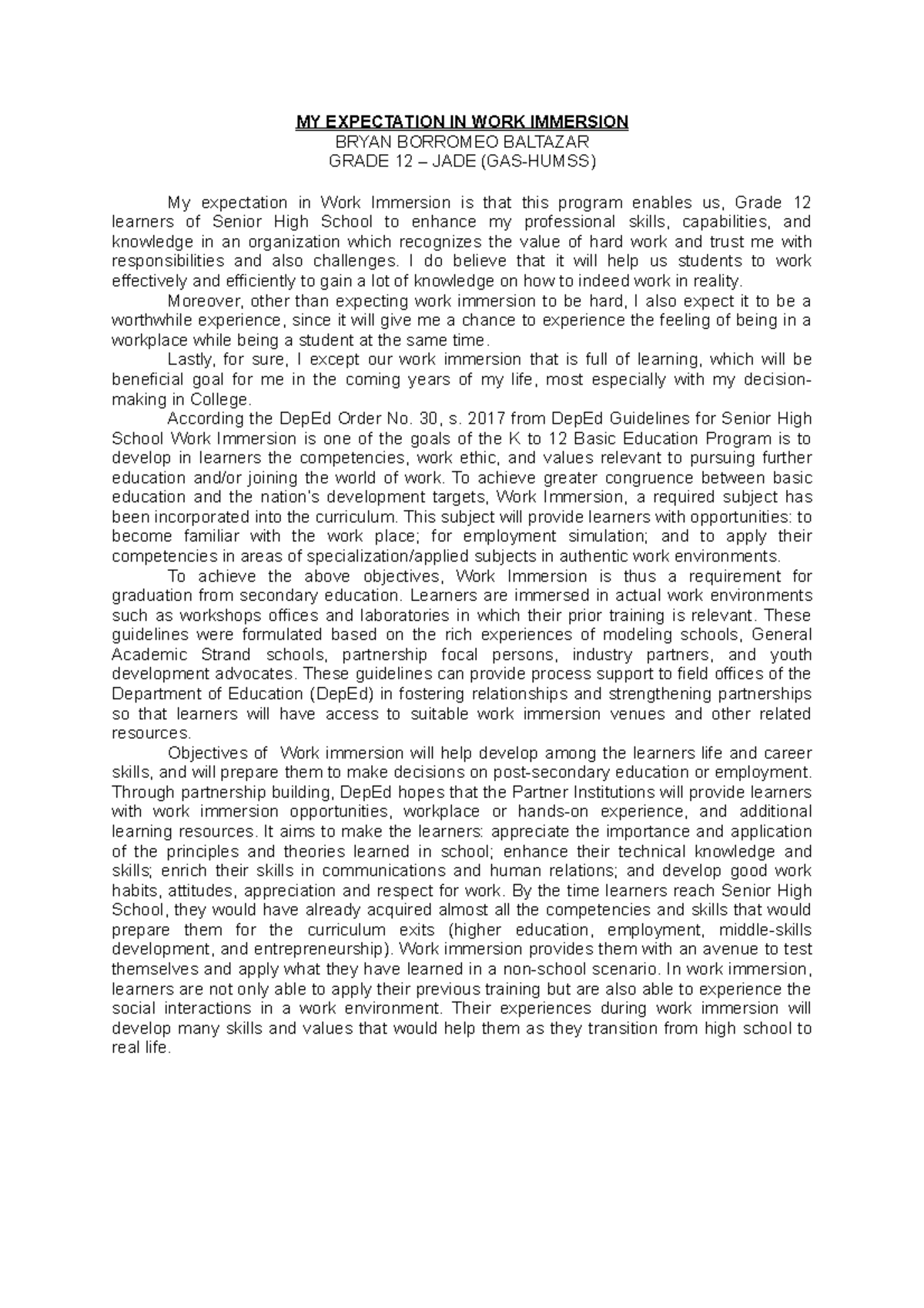 Expectations in Work Immersion - Grade 12 GAS-HUMSS - Studocu