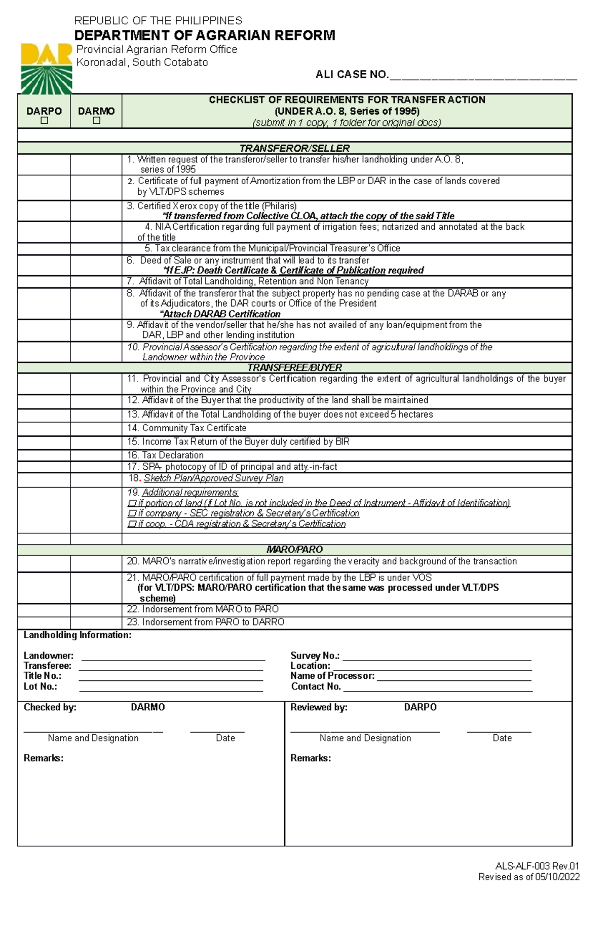 AO8 Transfer Action Requirements Checklist - 2022 for DAR Transactions ...