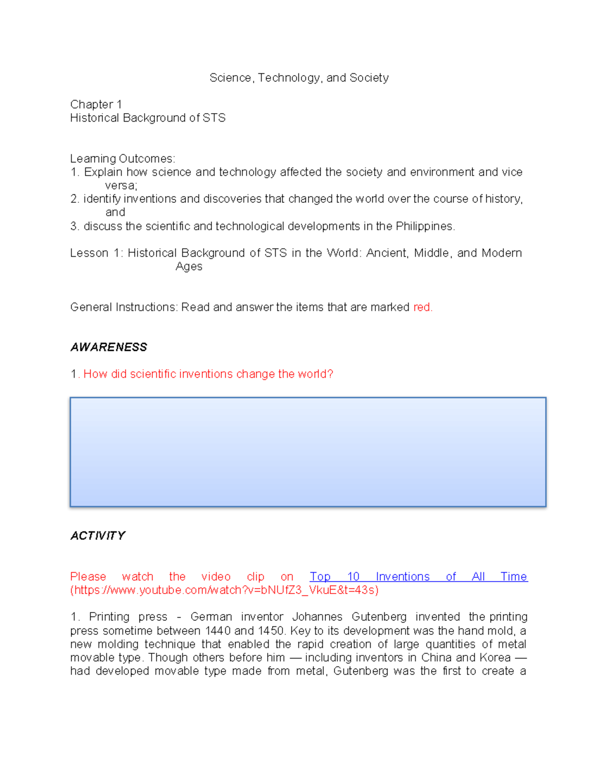 STS 101: Chapter 1 - Historical Background of Science & Technology ...