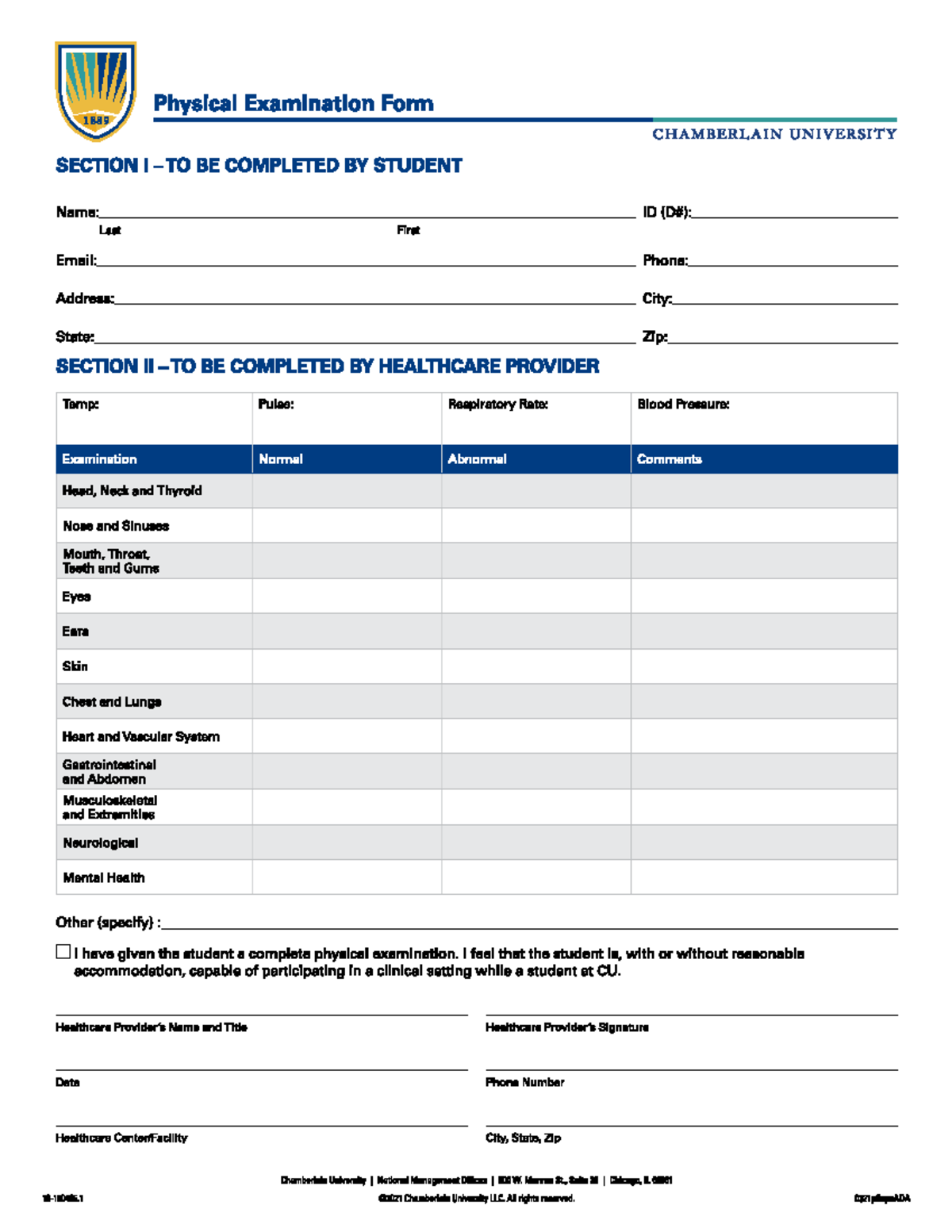 Physical Exam Form 1889 - Chamberlain University Documentation - Studocu
