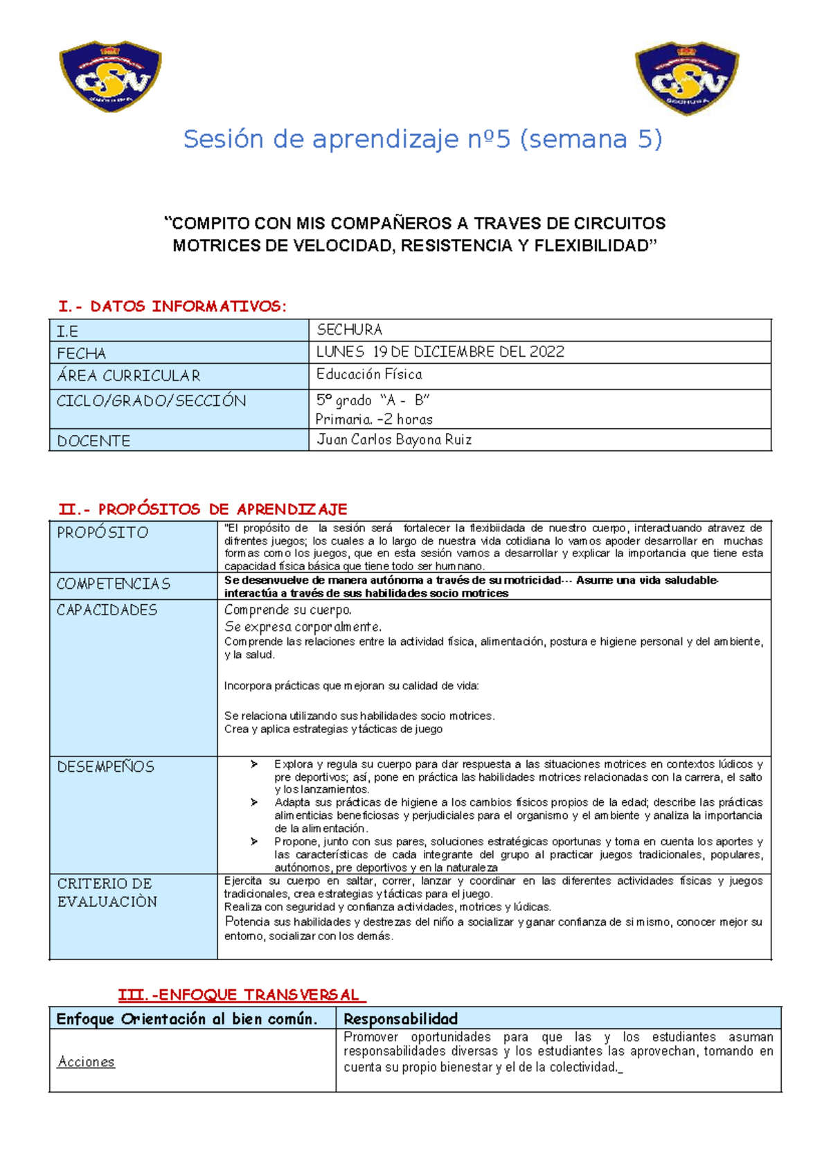 Sesión de Aprendizaje Nº5: Circuitos Motrices en Educación Física 5º ...