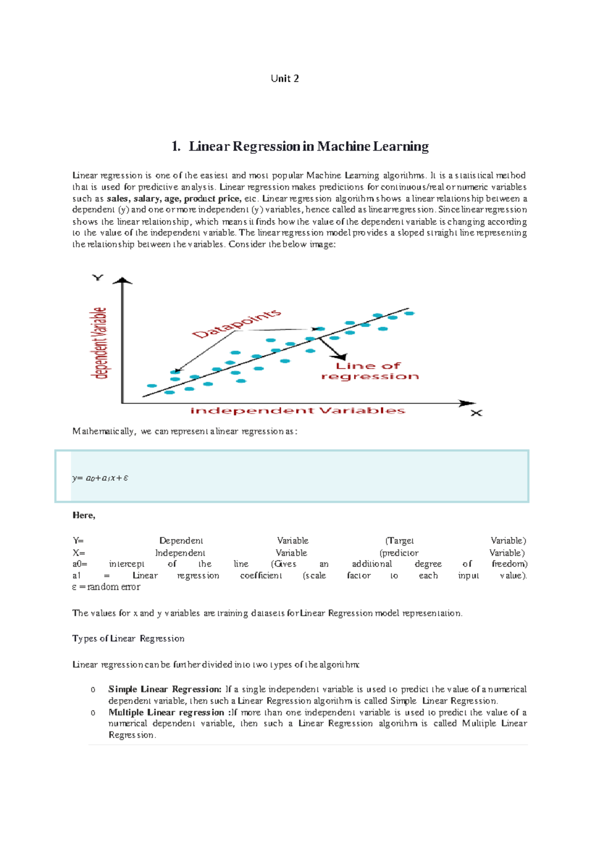 DAV Notes: Unit 2 - Linear Regression & SVM in Machine Learning - Studocu