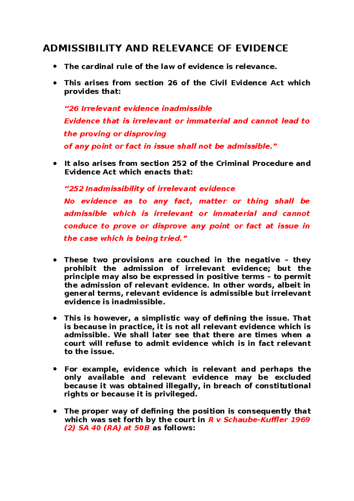 Evidence Notes on Admissibility and Relevance of Evidence (LAW 101 ...