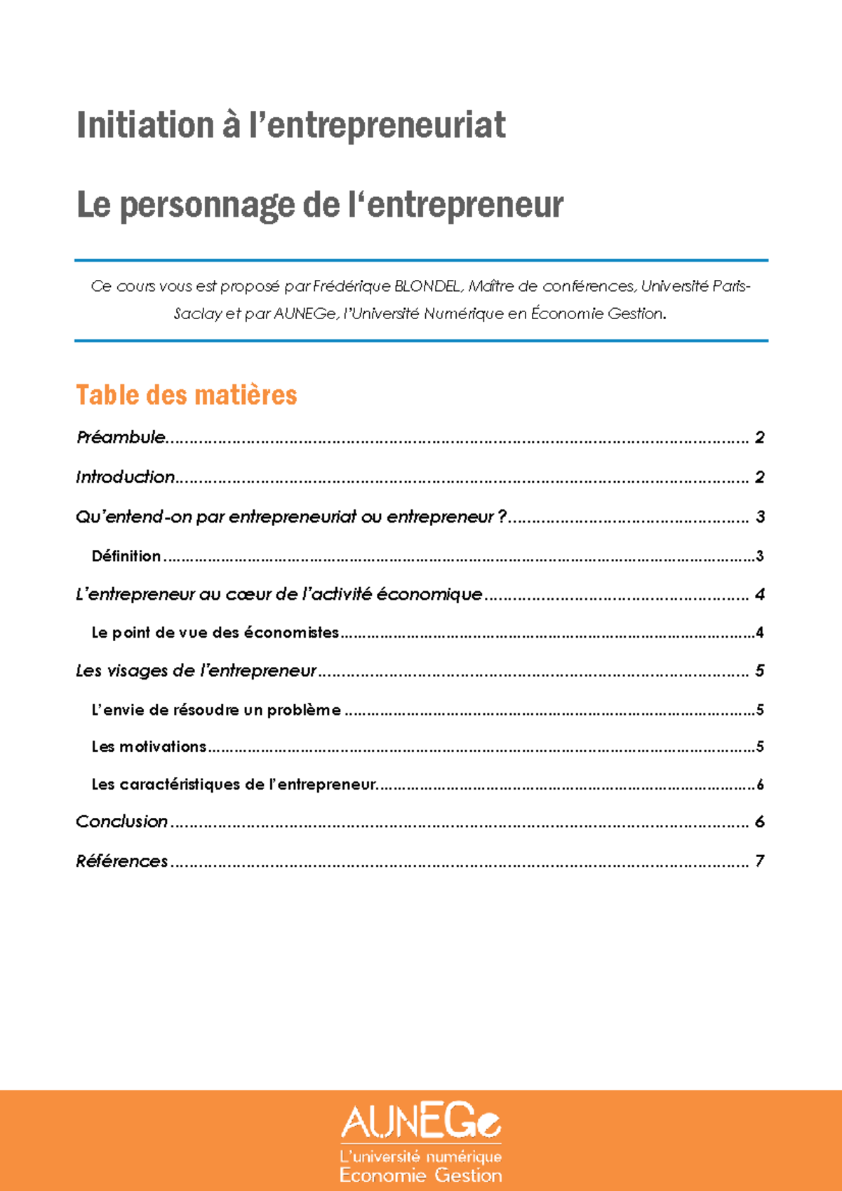 Initiation à l'Entrepreneuriat - Cours par Frédérique Blondel, AUNEGe ...