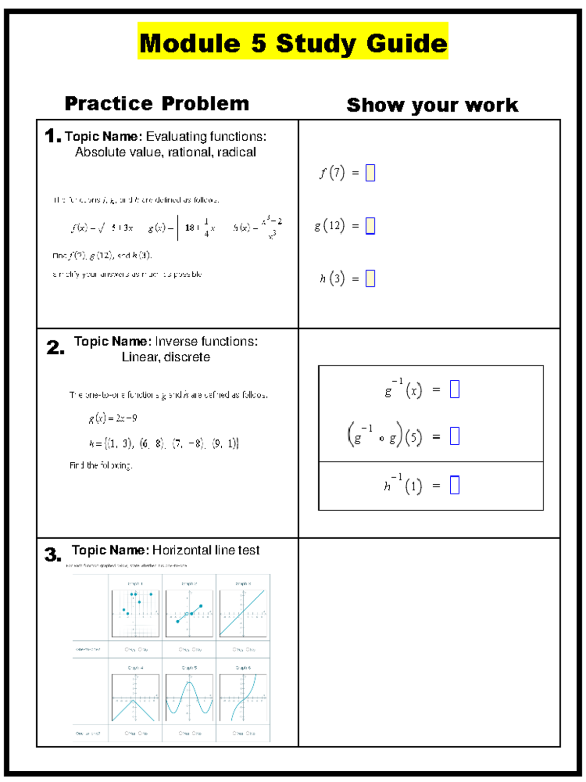 Mod 5 study - notes - Practice Problem Show your work Topic Name ...