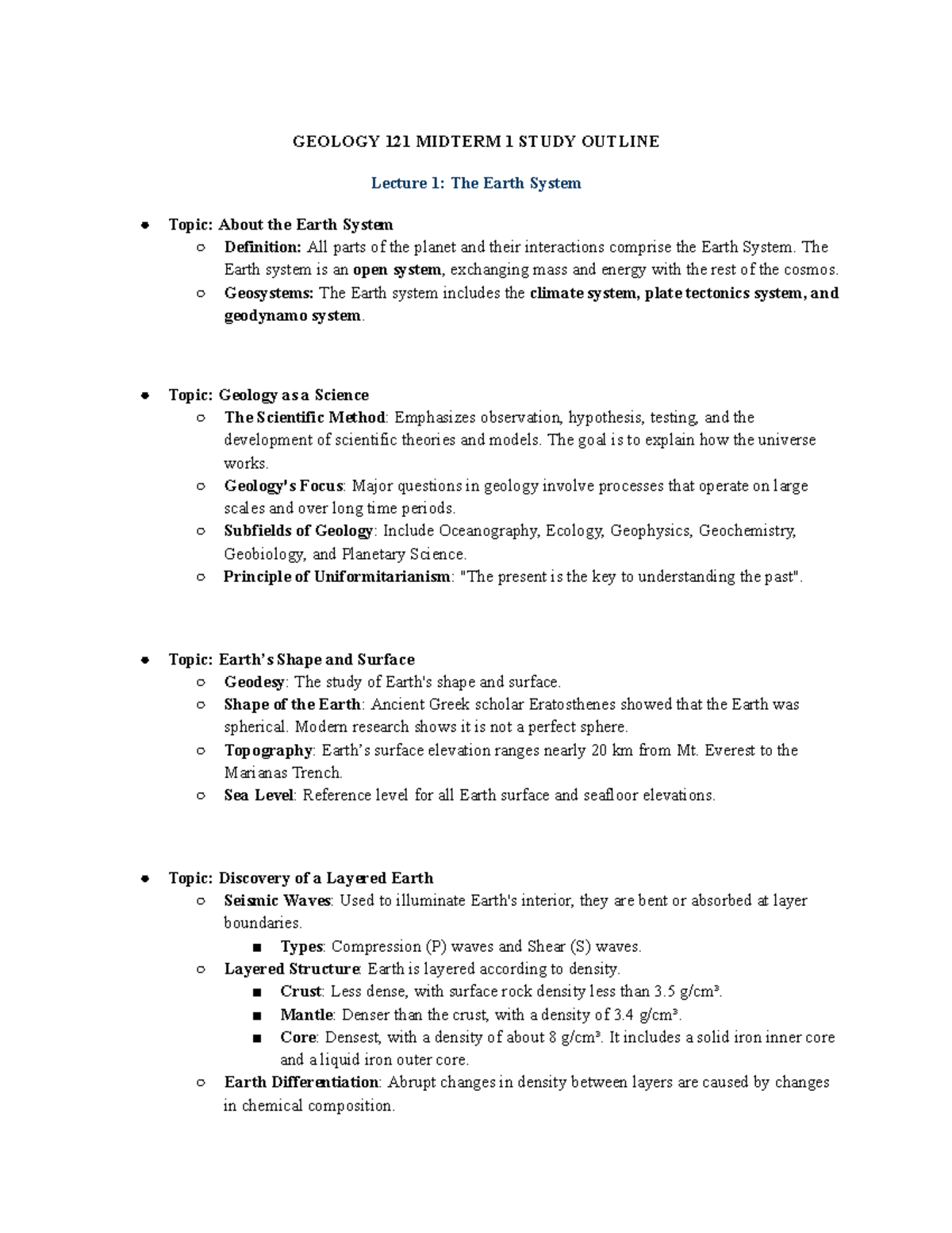 Geology 121 Midterm 1 Study Outline - GEOLOGY 121 MIDTERM 1 STUDY ...