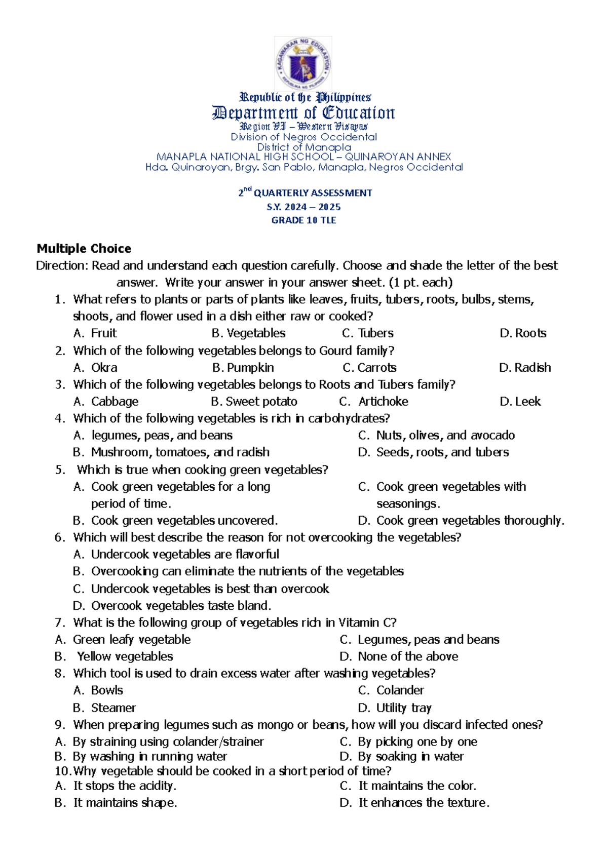 TLE EXAM 2ND - 2nd examination for TLE 10 - Republic of the Philippines ...