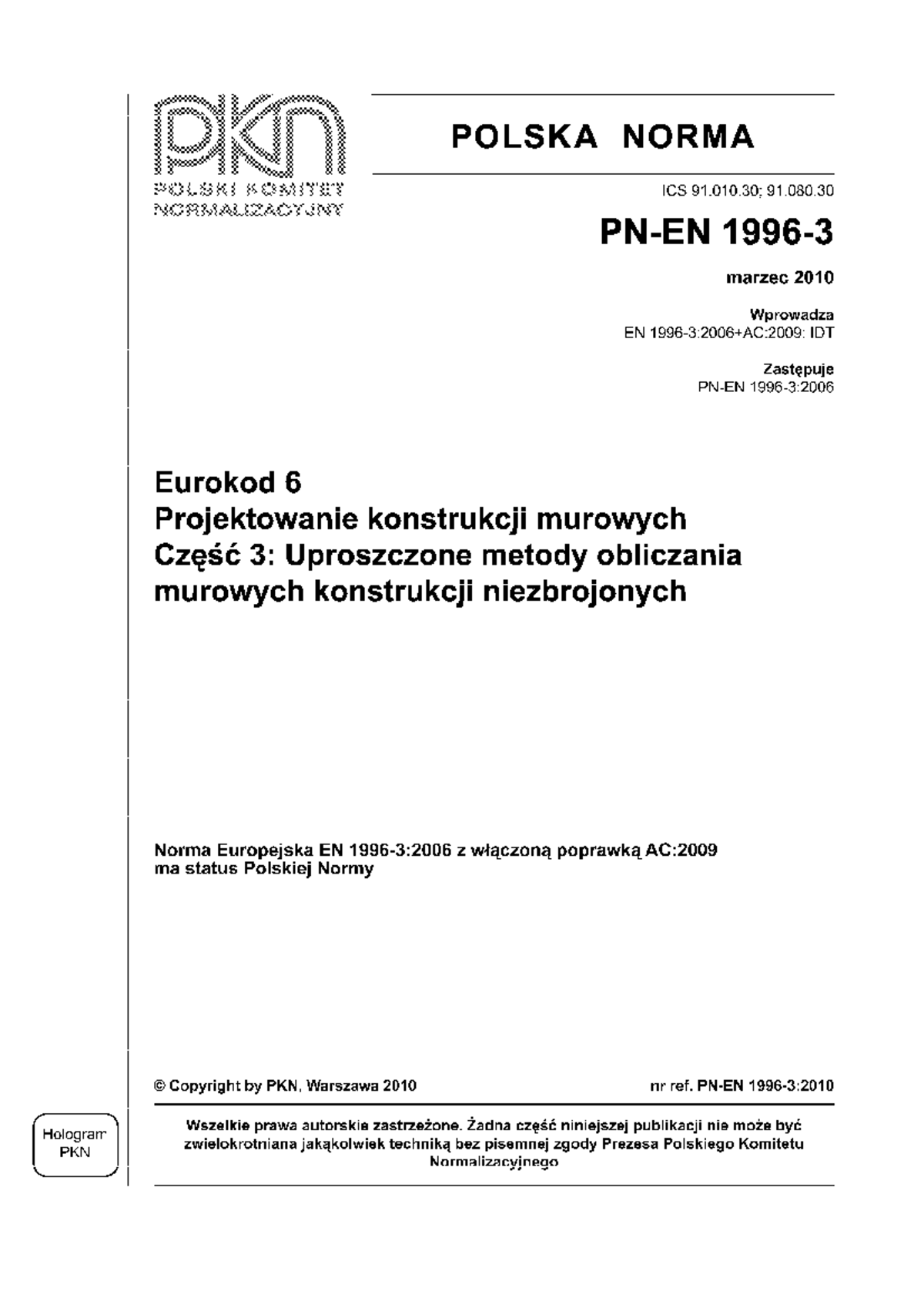 PN-EN-1996-3 Uproszczone metody obliczania konstrukcji murowych - Studocu