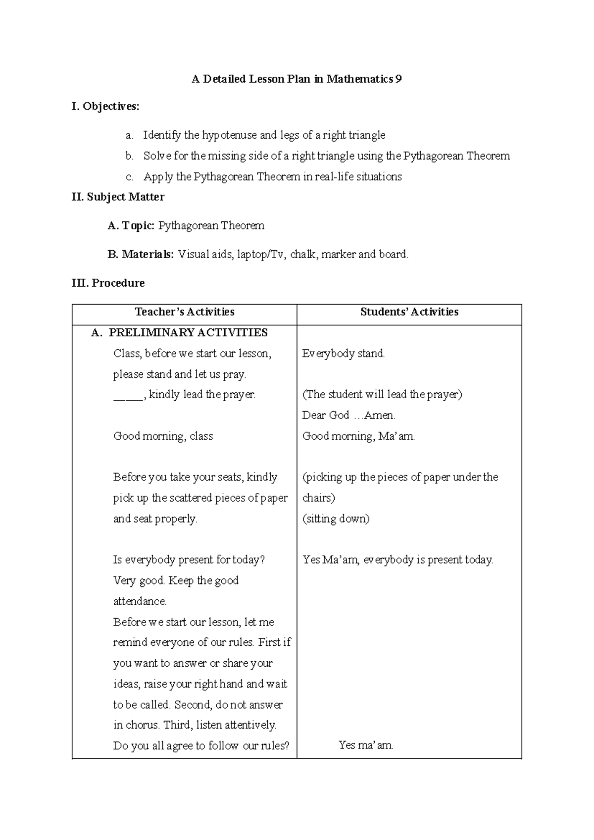 DLP: Pythagorean Theorem for Math 9 Lesson Plan - Studocu