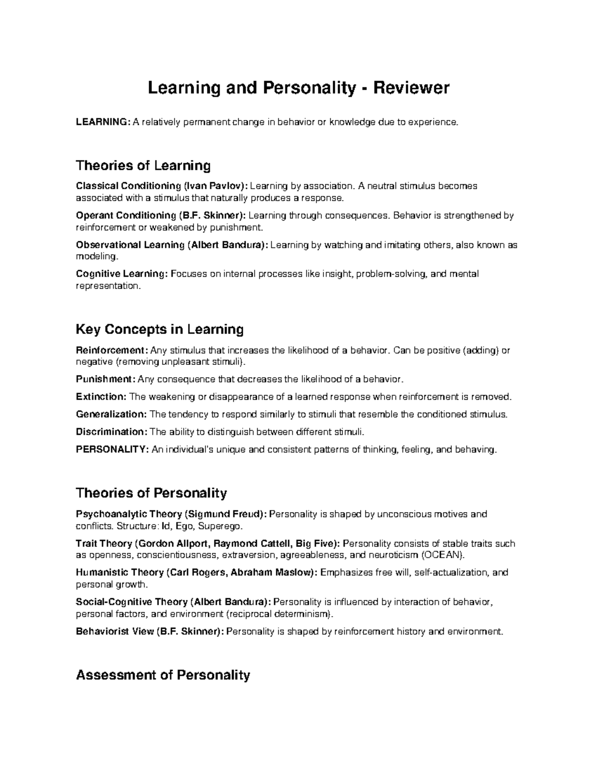 PSY101: Learning and Personality Theories Review Guide - Studocu