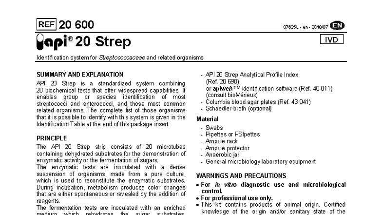API 20 Strep IVD Identification System Summary (20 600 07625L) - Studocu