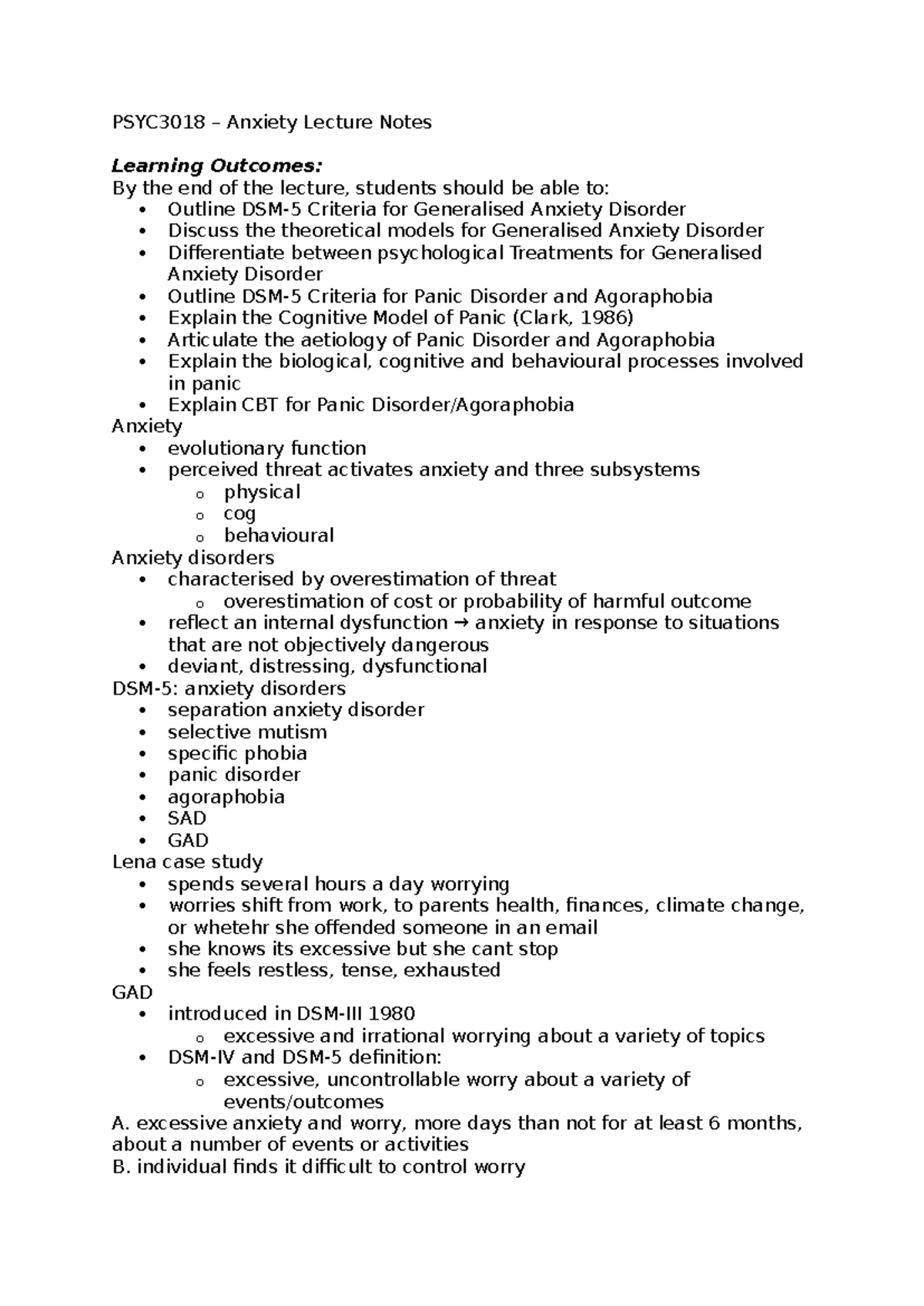 PSYC3018 Anxiety Lecture Notes: Understanding GAD and Panic Disorders ...