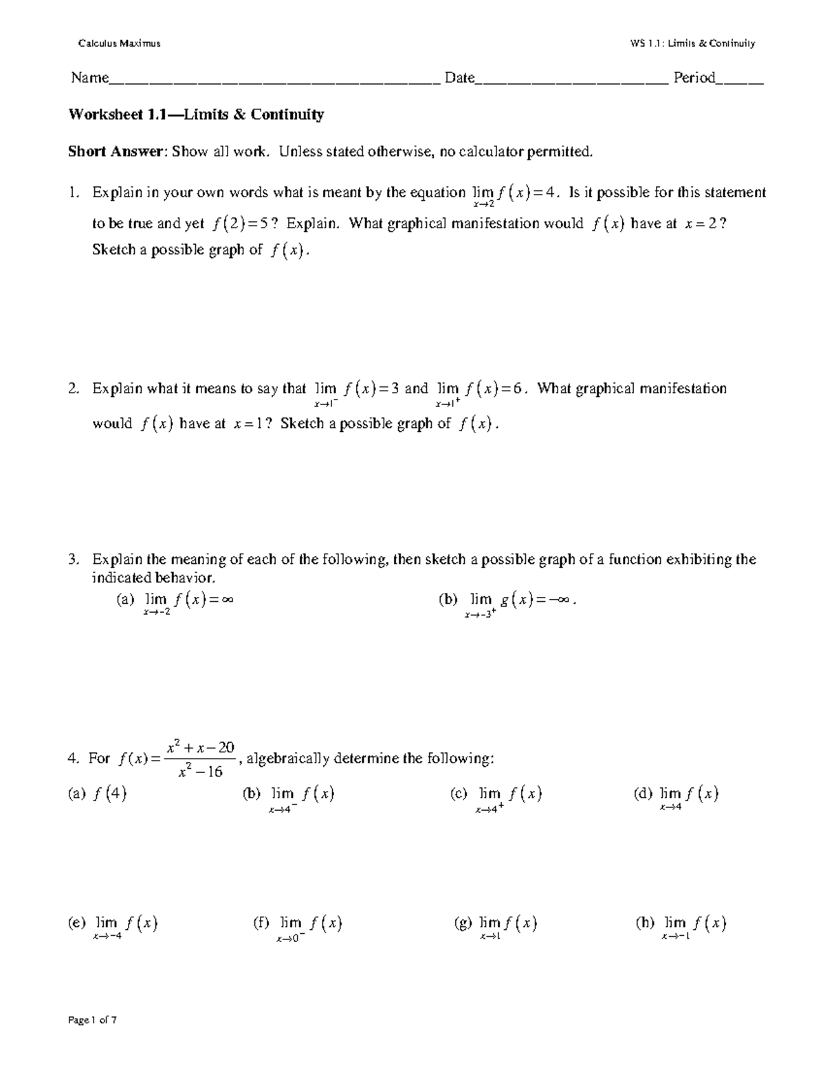 Calculus Maximus WS 01.1: Limits & Continuity Worksheet - Studocu