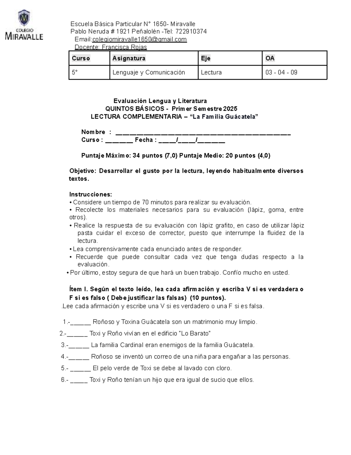 Evaluación de Lectura Complementaria 5to Básico - Primer Semestre 2025 - Studocu