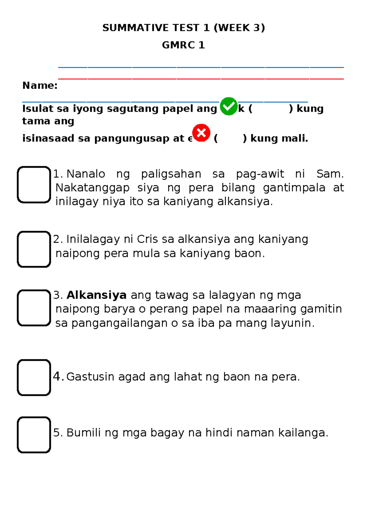 GMRC - practice material - SUMMATIVE TEST 1 (WEEK 3) GMRC 1 - Studocu