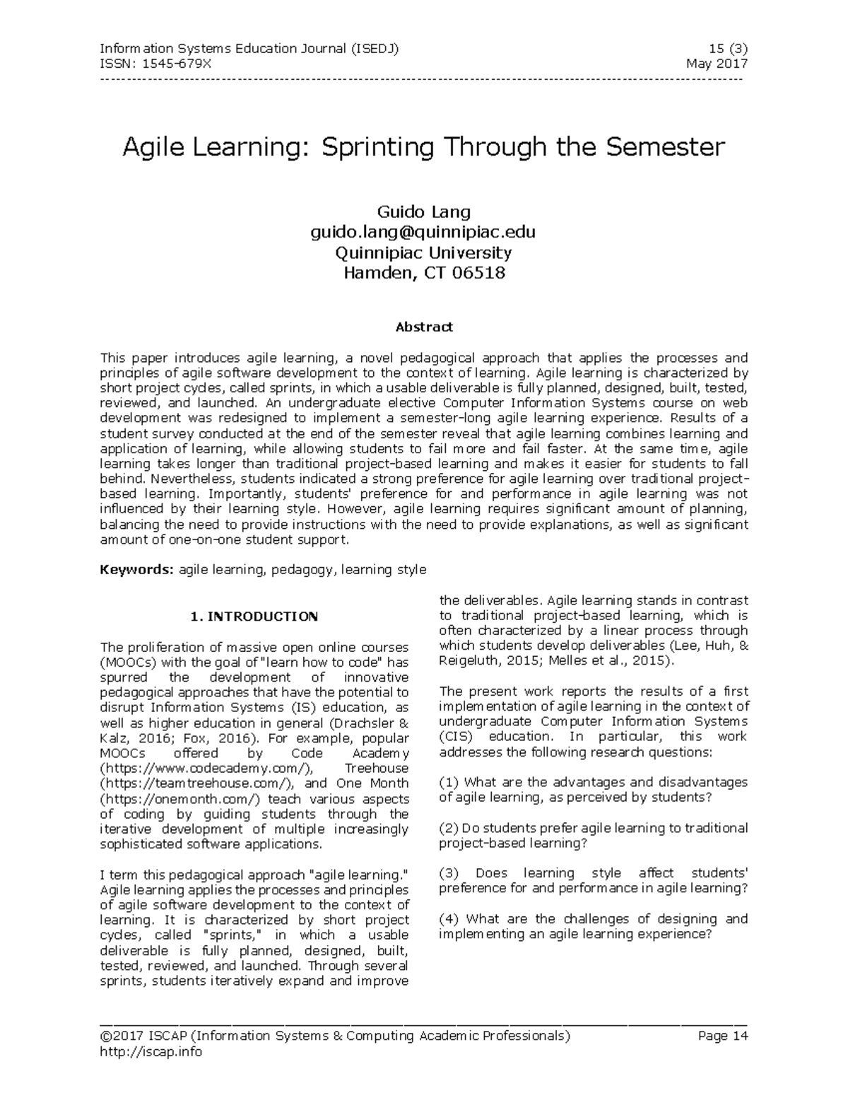 Agile-Learning - Agile Learning - ISSN: 1545-679X May 2017 - Studocu
