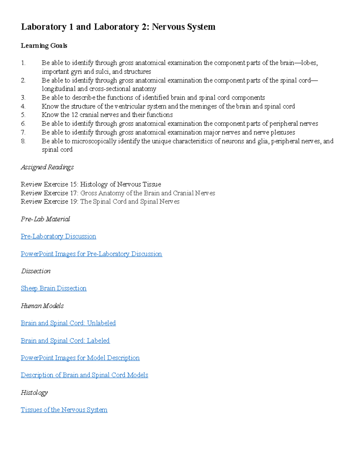 Nervous System Anatomy: Labs 1 & 2 Overview and Learning Goals ...