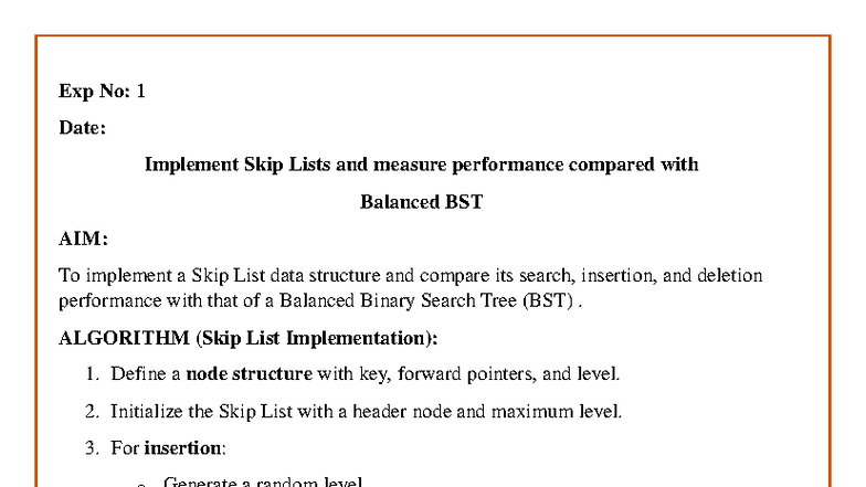 ADSA 101: Skip Lists vs Balanced BST Performance Analysis - Studocu