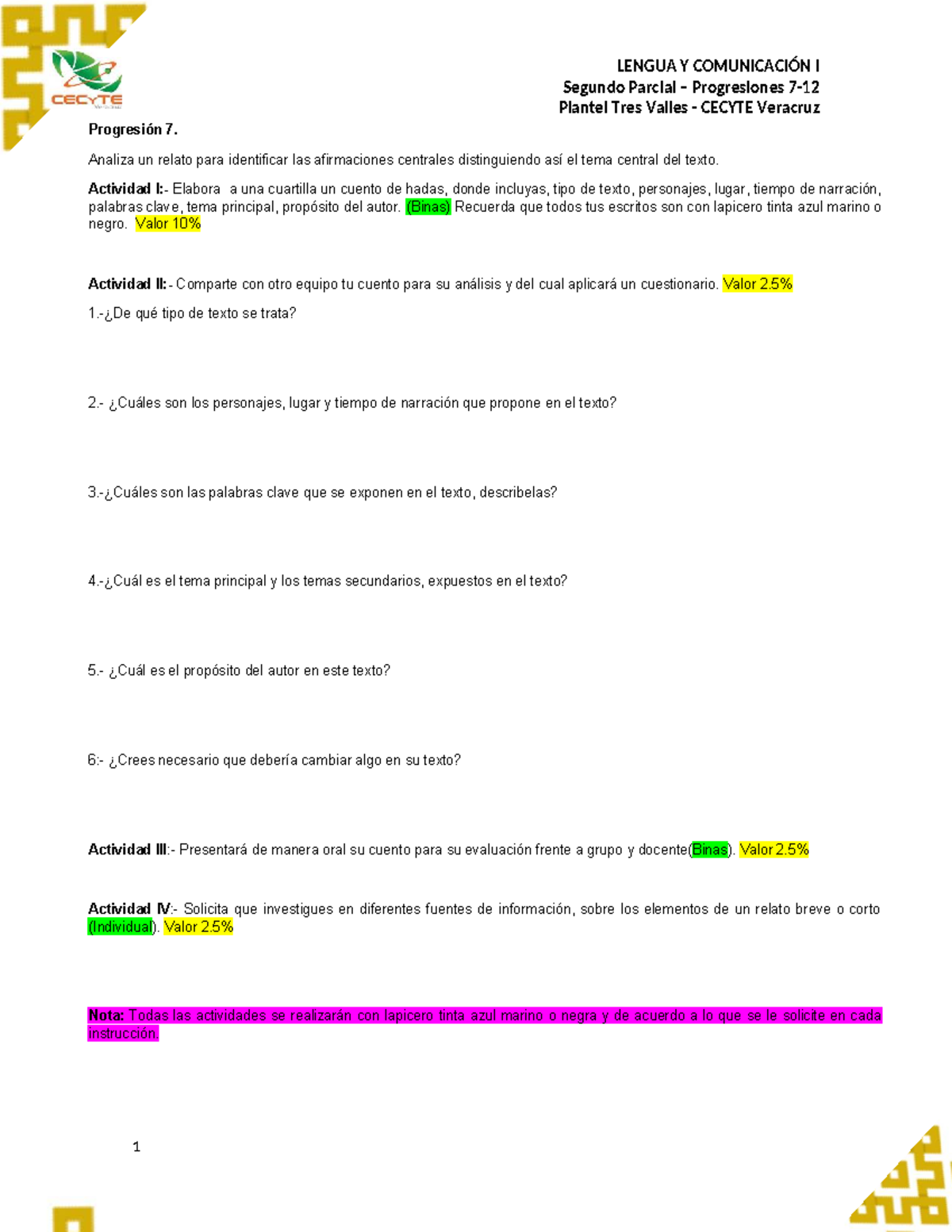 Cuadernillo DE Lengua Y Comunicación I ( 2 Parcial-A-E 24) - Segundo Parcial – Progresiones 7 ...