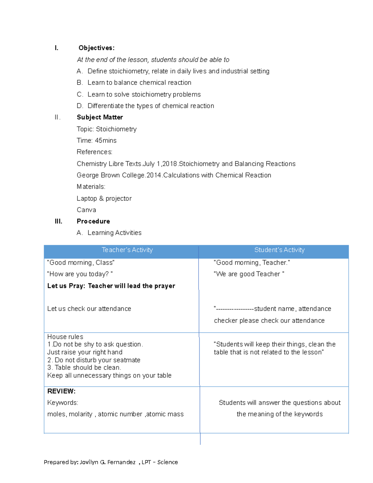 Lesson Plan: Stoichiometry for Chemistry 101 - Studocu