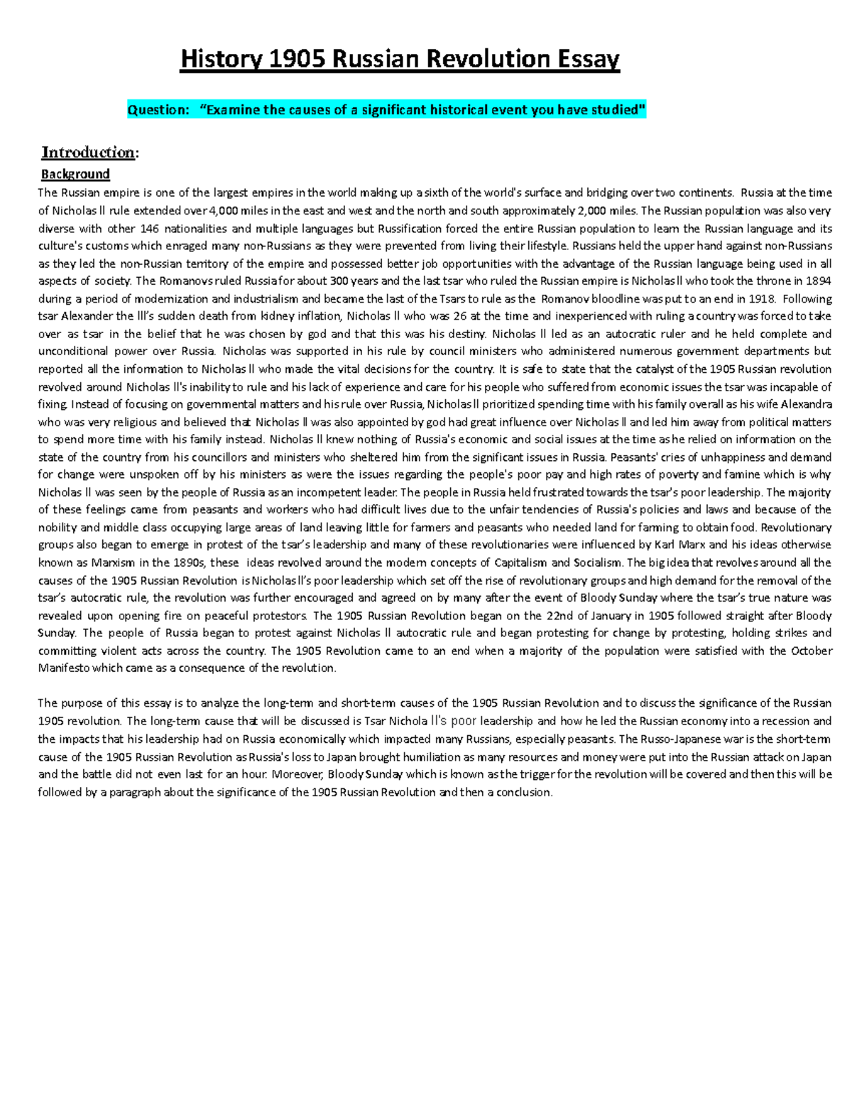 Yr 12 History Final Exam Causes of the 1905 Russian Revolution Essay ...