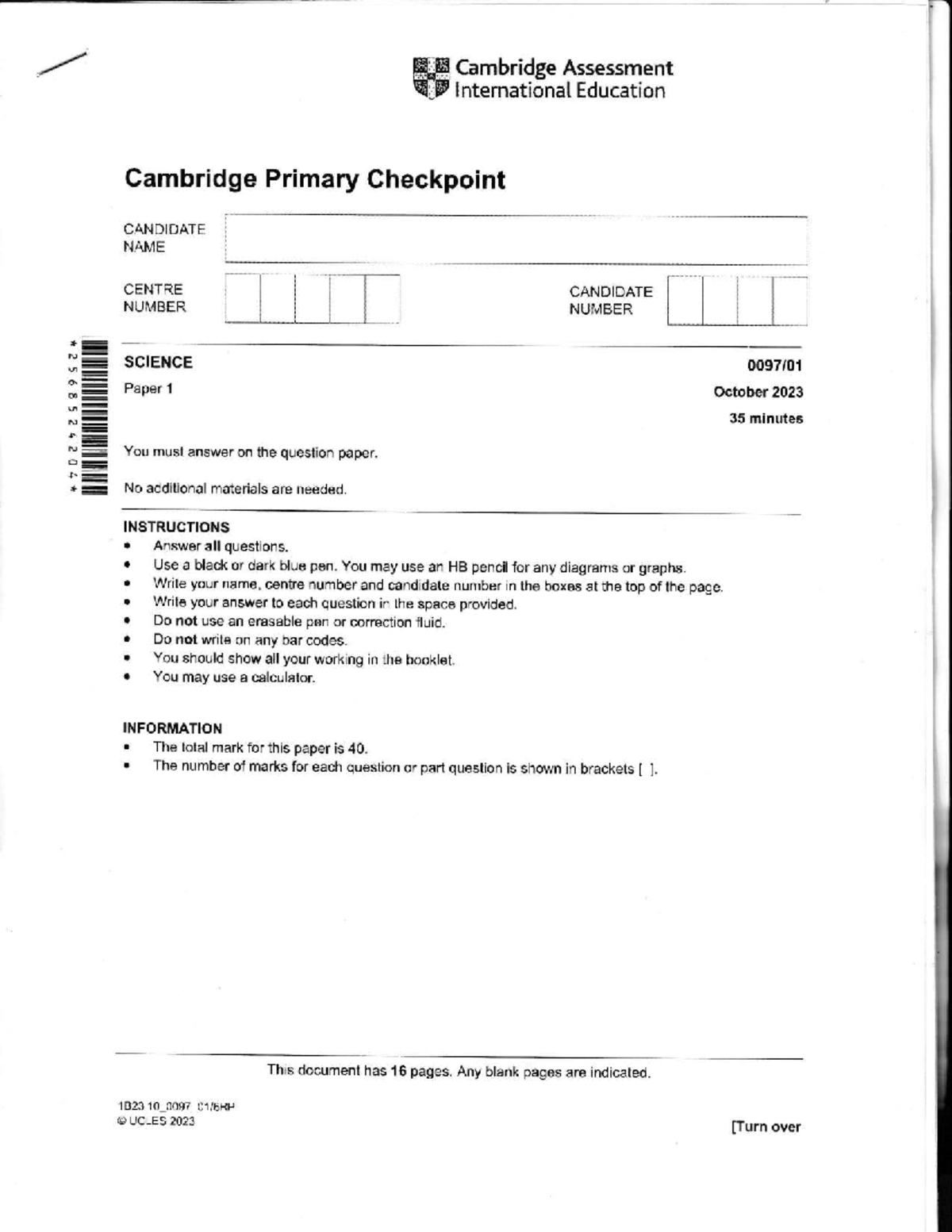 Cambridge Primary Checkpoint Science Paper 1 Marking Scheme 02/2023 ...